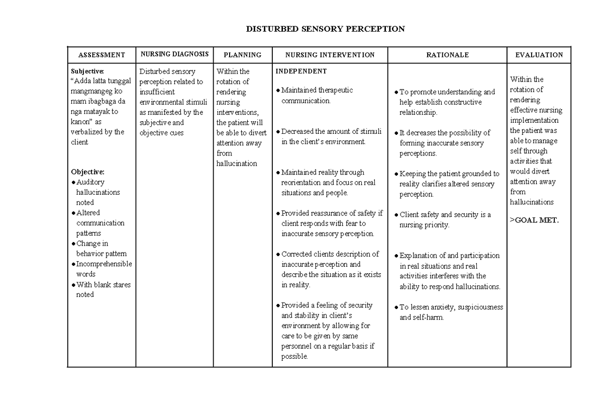 Schizophrenia XIII-XIV (091323) NCPs - DISTURBED SENSORY PERCEPTION ...