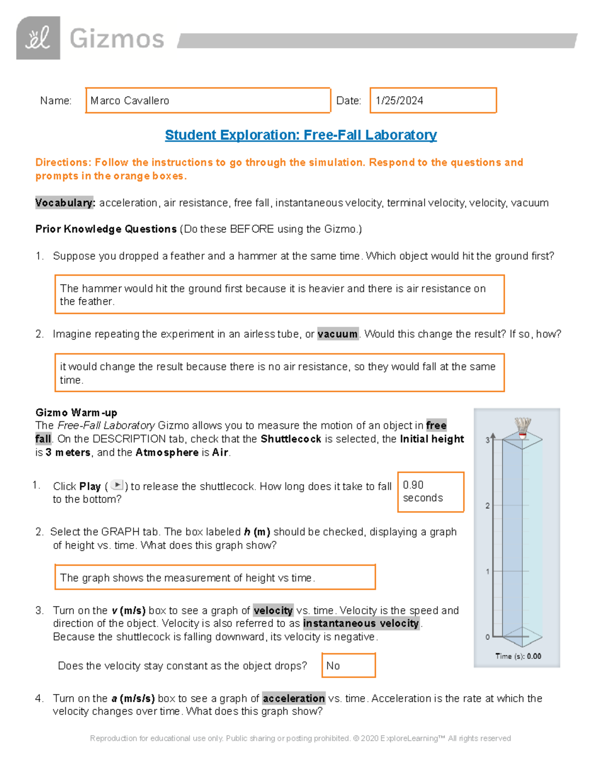 Copy of Free Fall SE - it is for PE - Name: Marco Cavallero Date: 1/25 ...