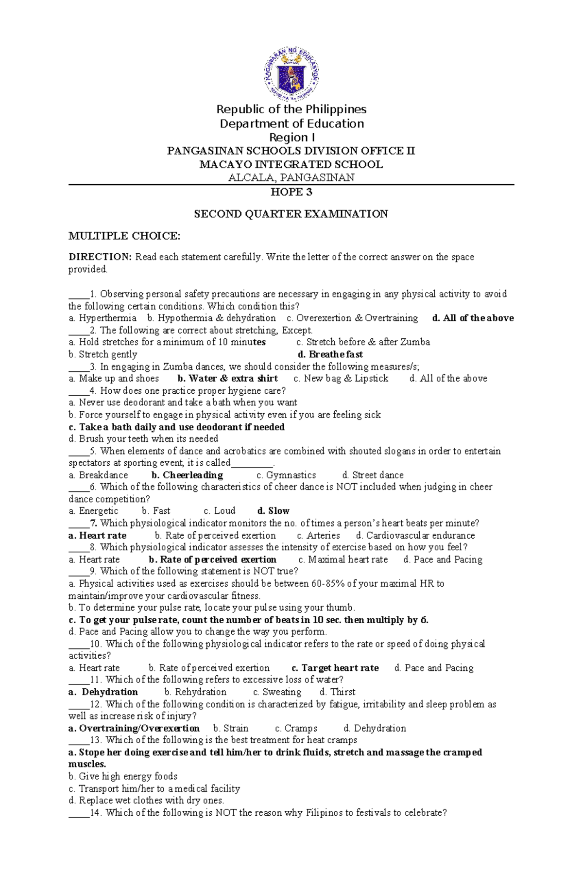 Second Quarter EXAM (HOPE 3) - Republic of the Philippines Department ...