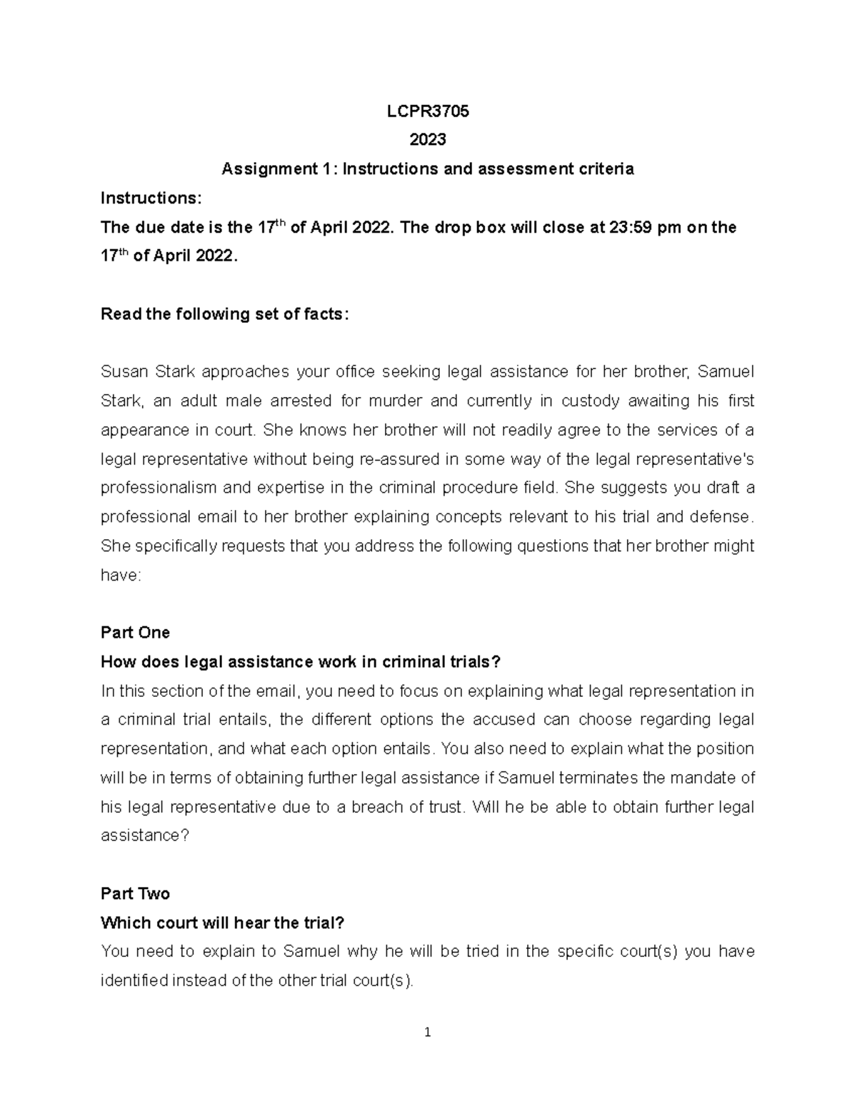 LCPR3705 2023 Assignment 1 Instructions and Assessment criteria - LCPR 2023 Assignment 1: - Studocu
