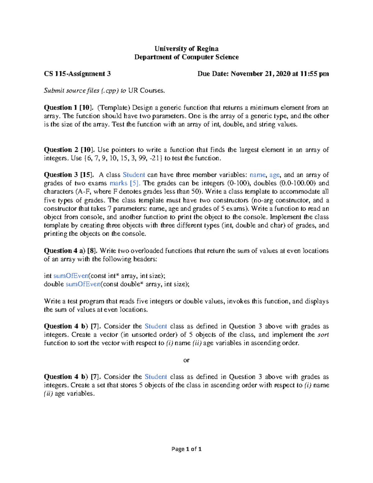 CS 115-003 Assignment-3 Fall-2020 - Page 1 of 1 University of Regina Department of Computer ...