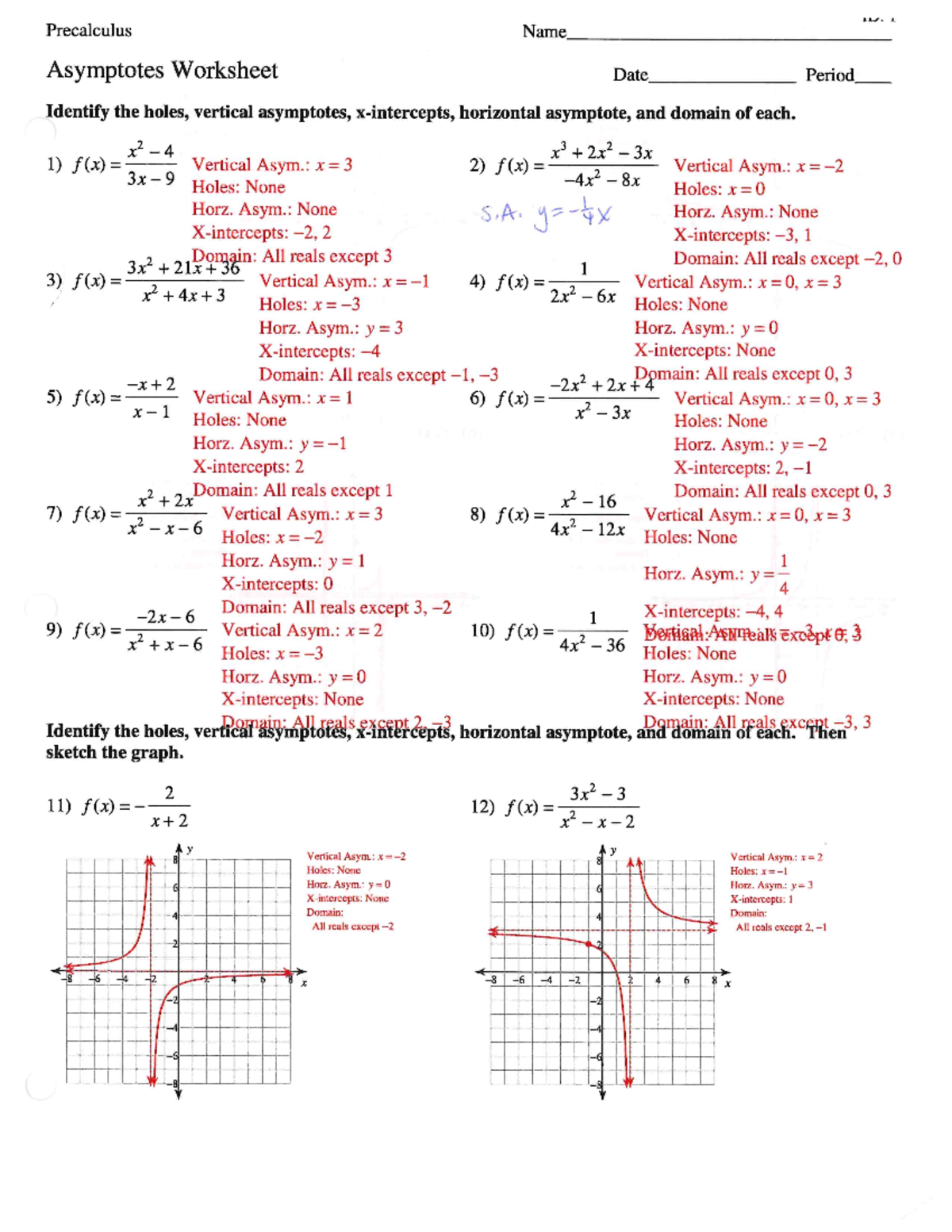 Asymtote Sheet Answer Key - Precalculus Name Asymptotes Worksheet Date ...