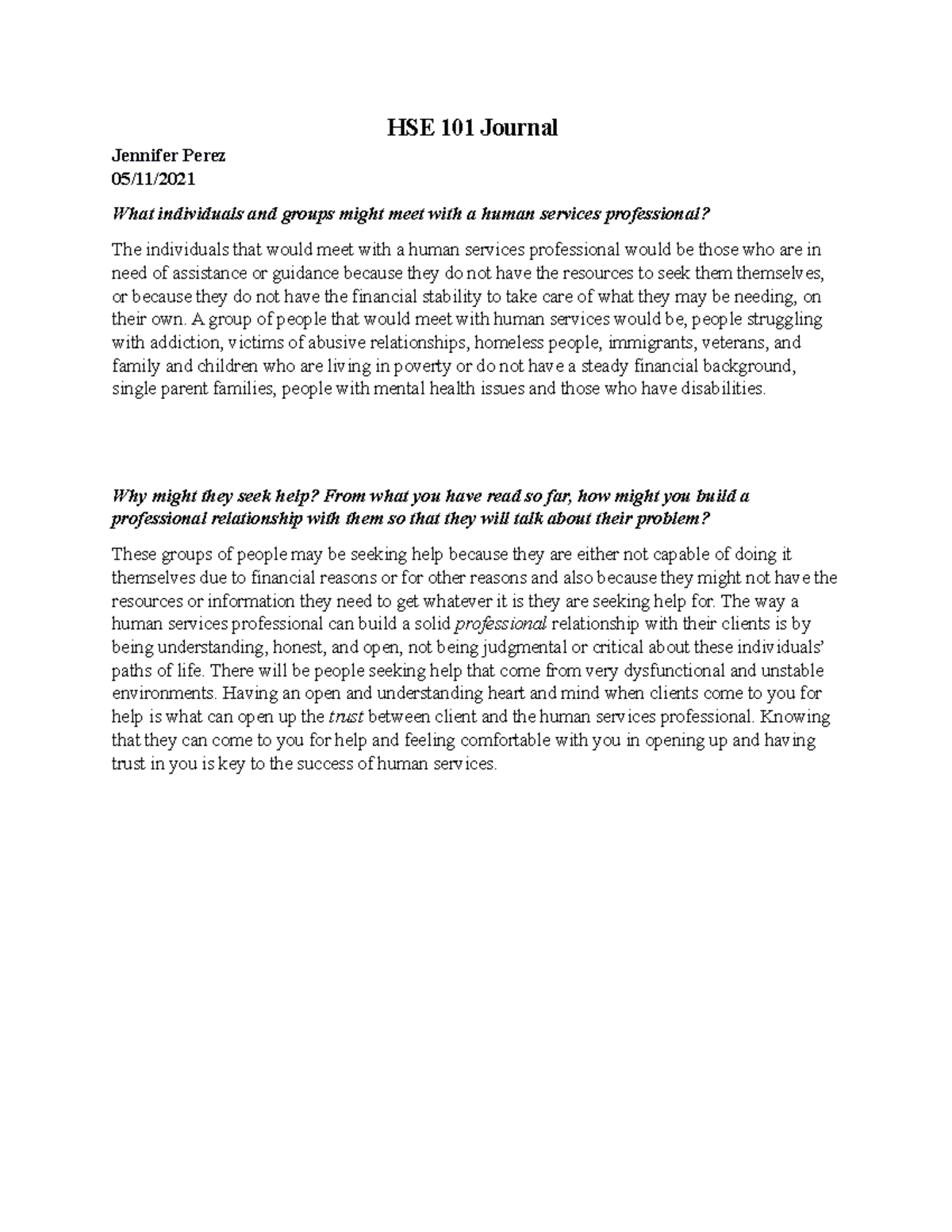 HSE 101 Module Journal - HSE 101 Journal Jennifer Perez 05/11/ What ...