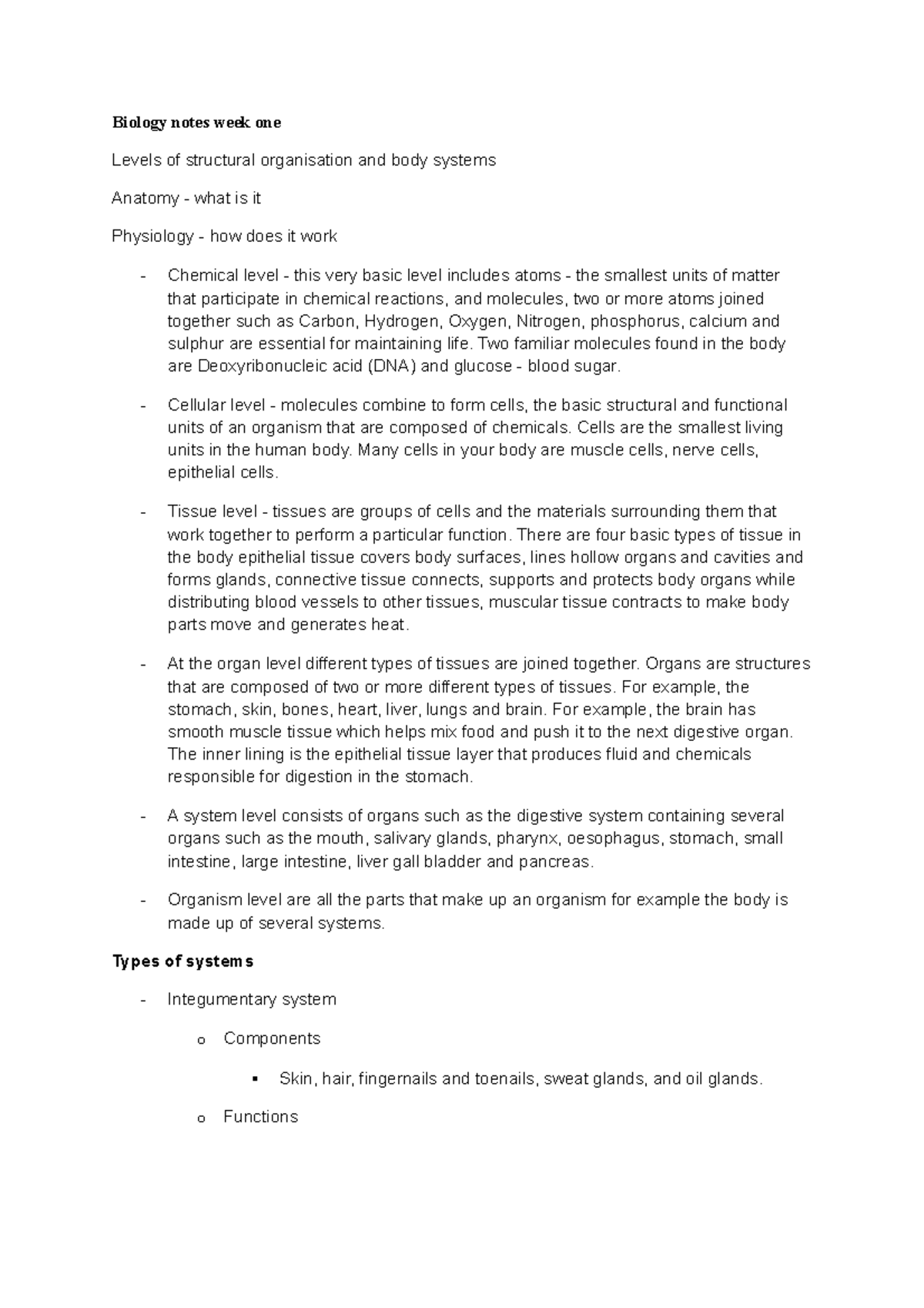 Week one reading, lecture and workshop notes - Biology notes week one ...