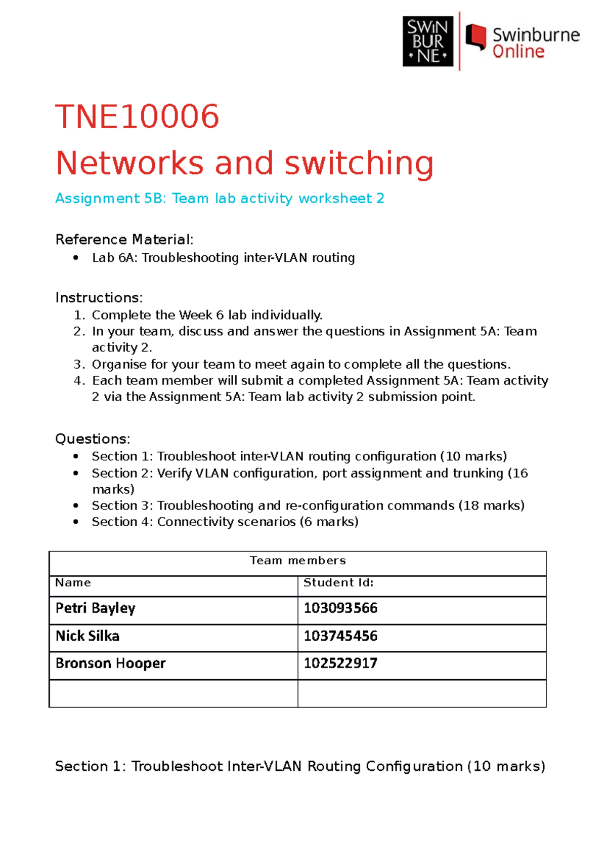 Assignment 5B team lab activity worksheet 2 - TNE Networks and switching Assignment 5B: Team lab ...