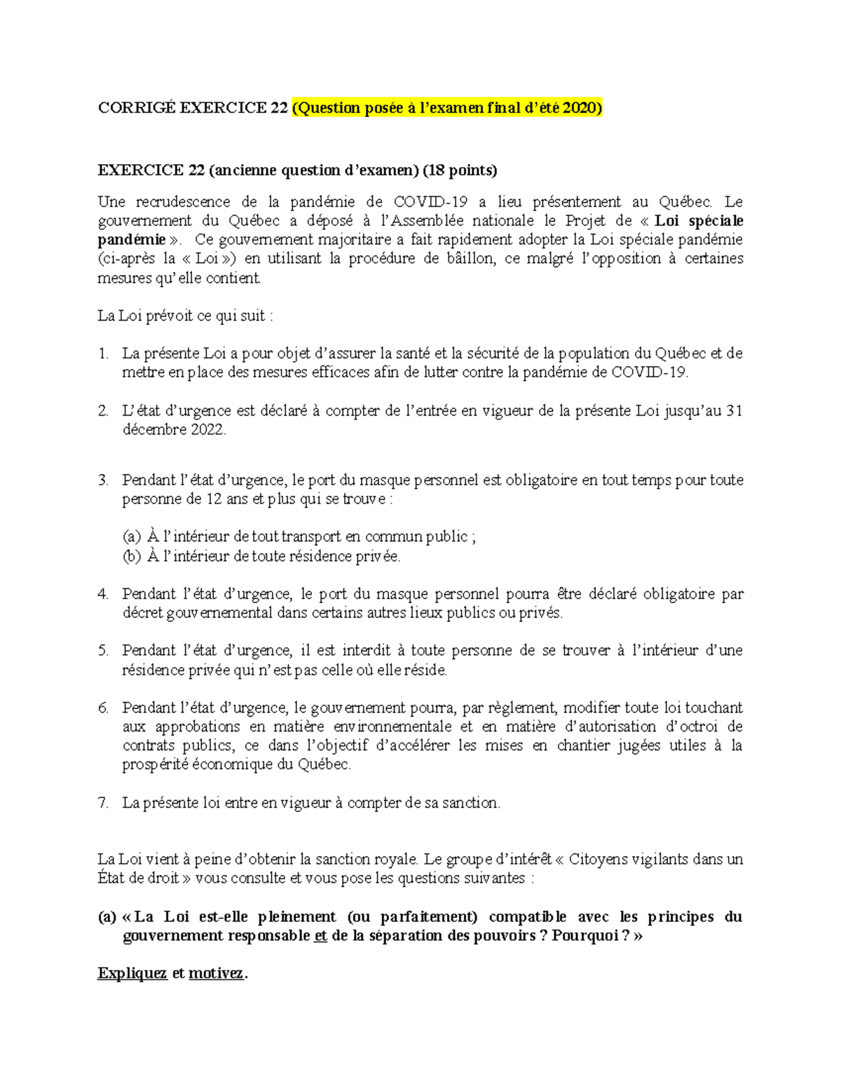 Corrigé exercice 22 charte des droits et libertés - CORRIGÉ EXERCICE 22 ...
