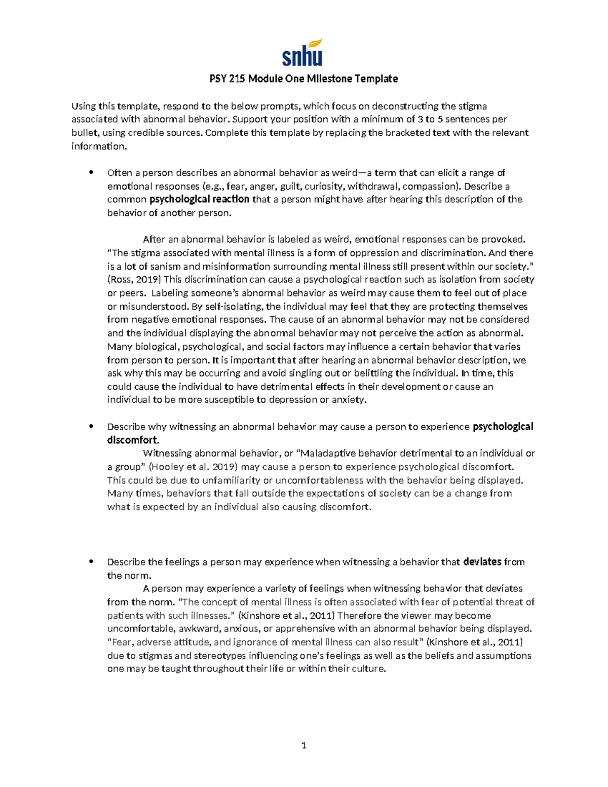 PSY 215 Module One Milestone Template - PSY 215 Module One Milestone ...