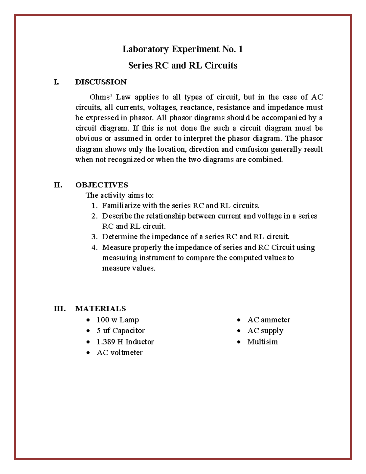 Laboratory-Experiment-No - Laboratory Experiment No. 1 Series RC and RL ...
