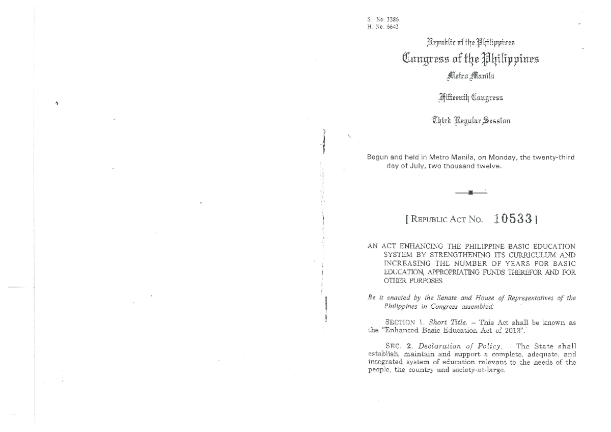 09 RA 10533 - Bachelor of secondary Education - Studocu