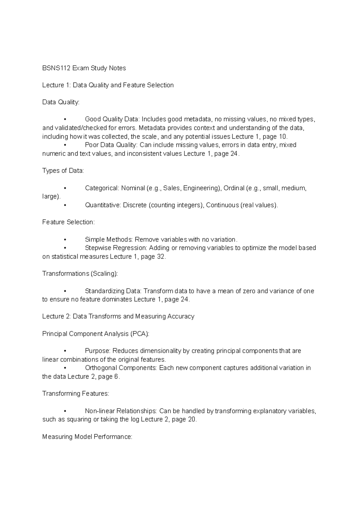 EXAM SUMMARIES AND PRACTICE QUESTIONS data quality, non-linear modelling etc - BSNS 112 Exam ...
