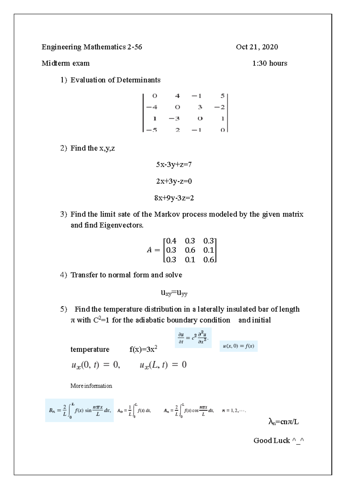 2020 ee - midterm exam - Engineering Mathematics 2 - 56 Oct 21 , 2020 ...