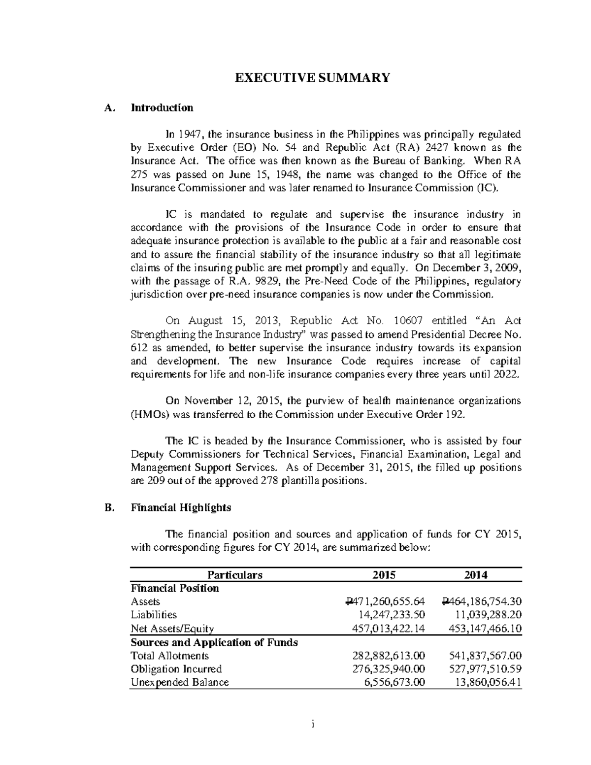 Insurance Commission Executive Summary 2015 - i EXECUTIVE SUMMARY A ...