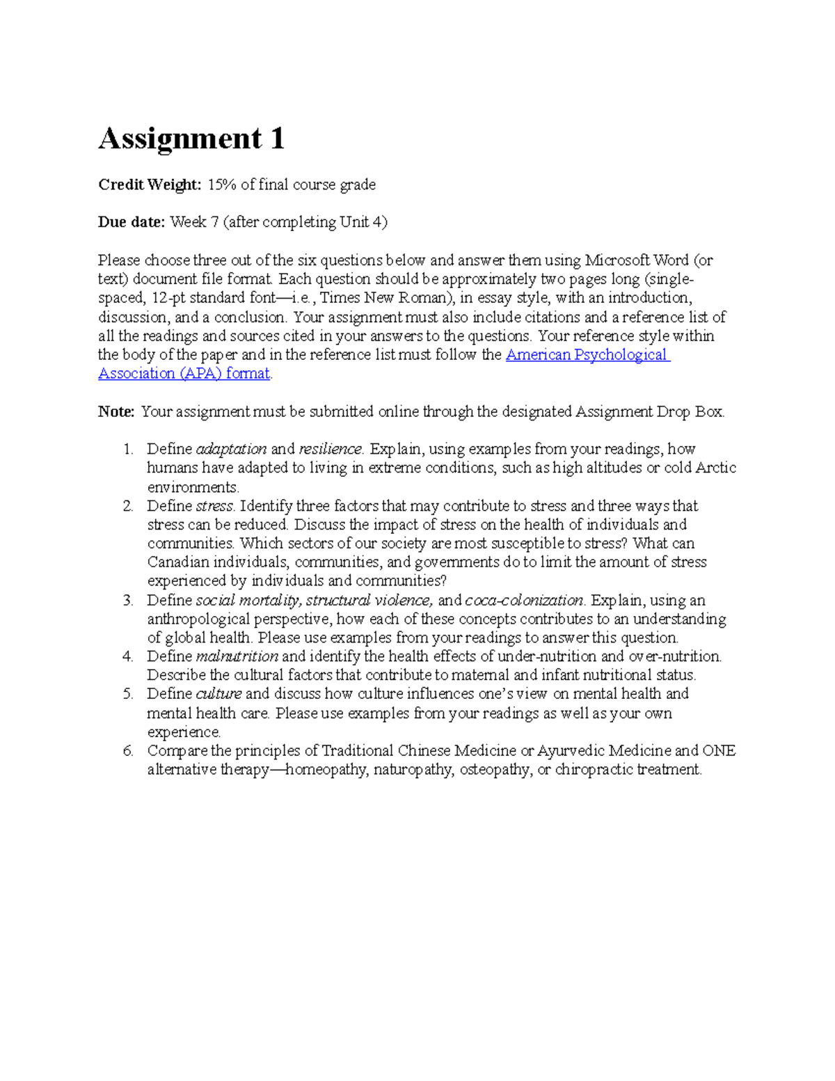 HADM 326 - Assignment 1 Questions - Assignment 1 Credit Weight: 15% of final course grade Due ...