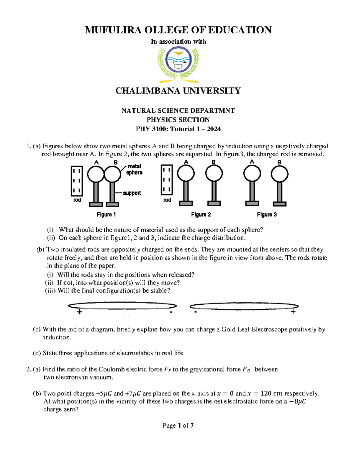 PHY 3100 Tutorial Questions-2024 - MUFULIRA OLLEGE OF EDUCATION In ...