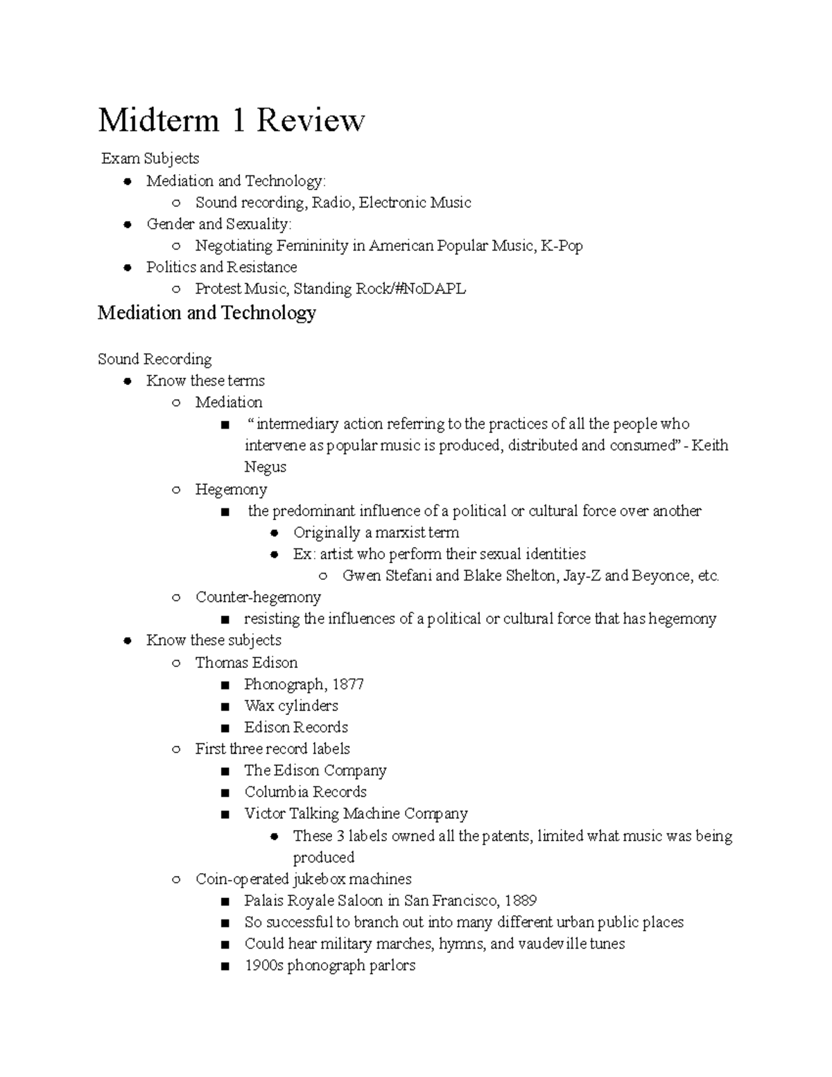 MUSC215 Exam 1 - Midterm 1 Review Exam Subjects Mediation and Technology: Sound recording, - Studocu