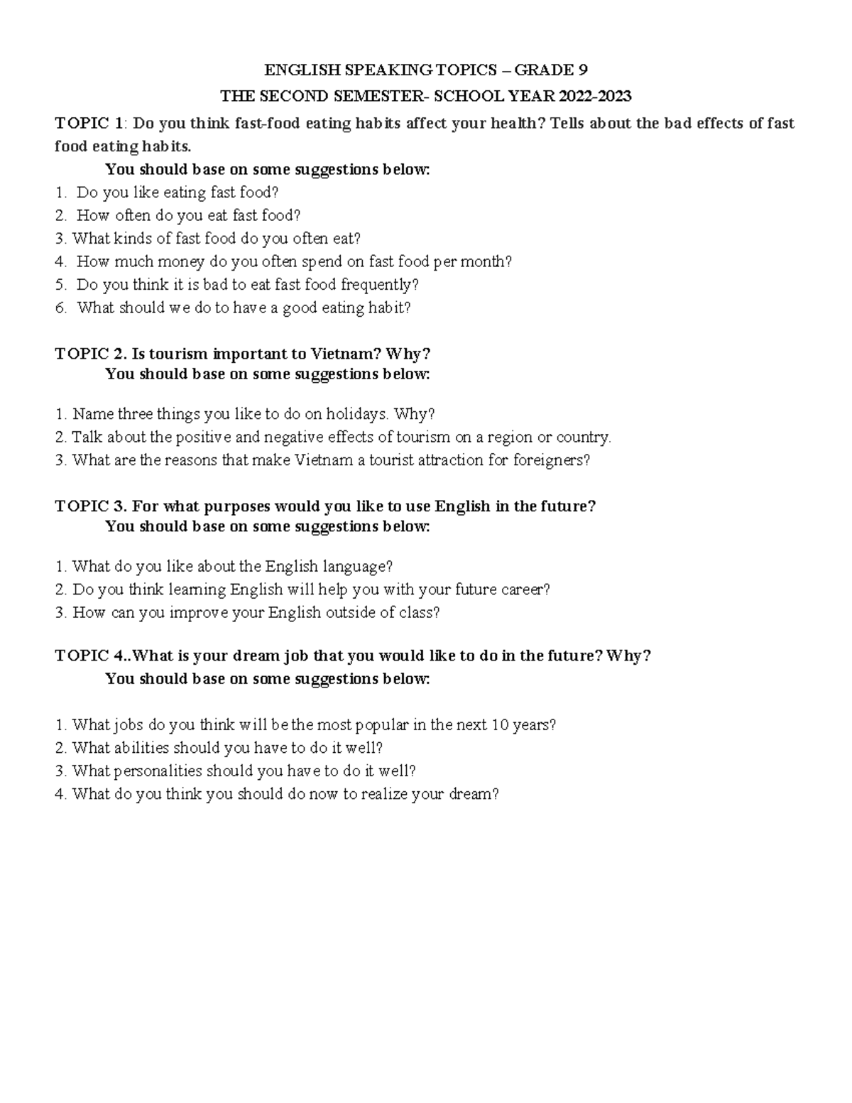 G9DT- HKII Speaking Topics - ENGLISH SPEAKING TOPICS – GRADE 9 THE ...