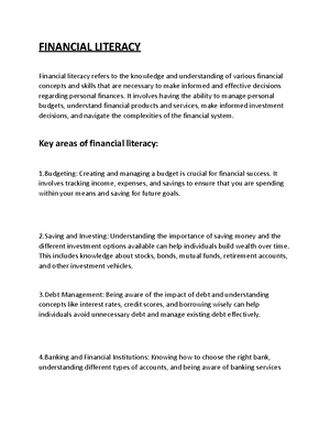Financial literacy - Notes - FINANCIAL LITERACY Financial literacy ...