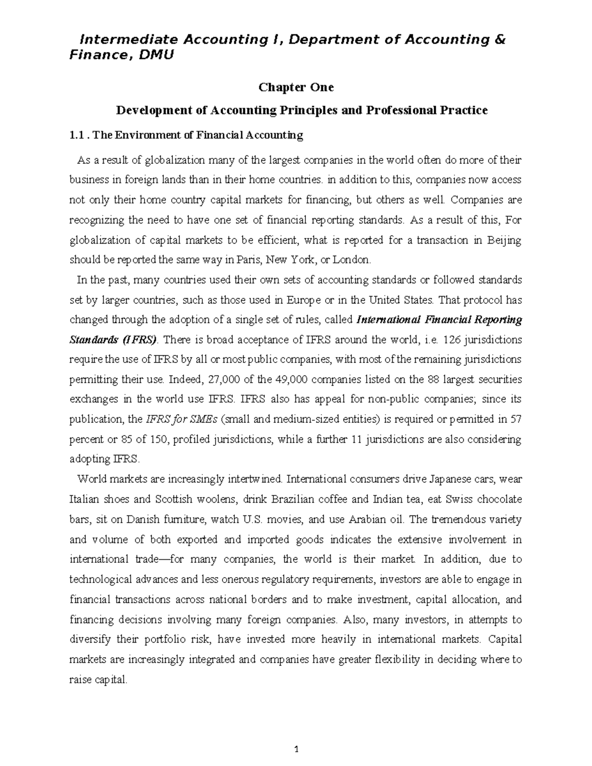 Intermediate FA Chapter 1 - Finance, DMU Chapter One Development of Accounting Principles and ...