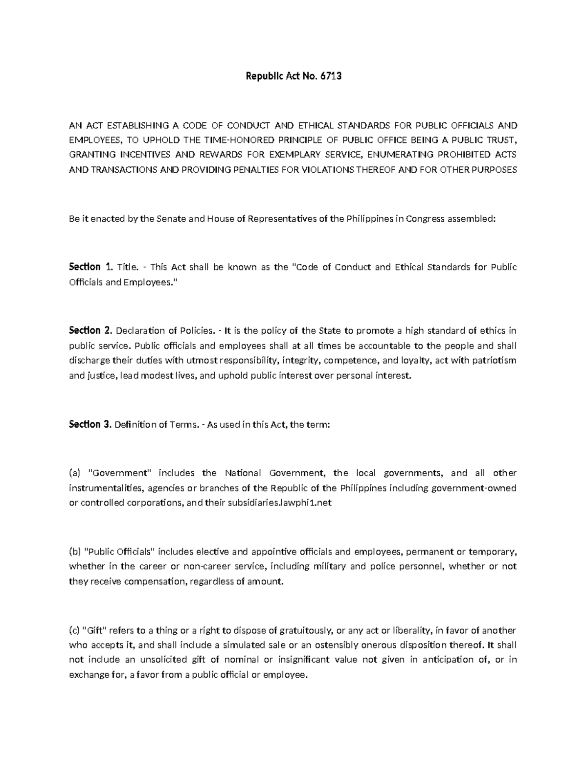 RA 6713 - Helpful - Republic Act No. 6713 AN ACT ESTABLISHING A CODE OF ...