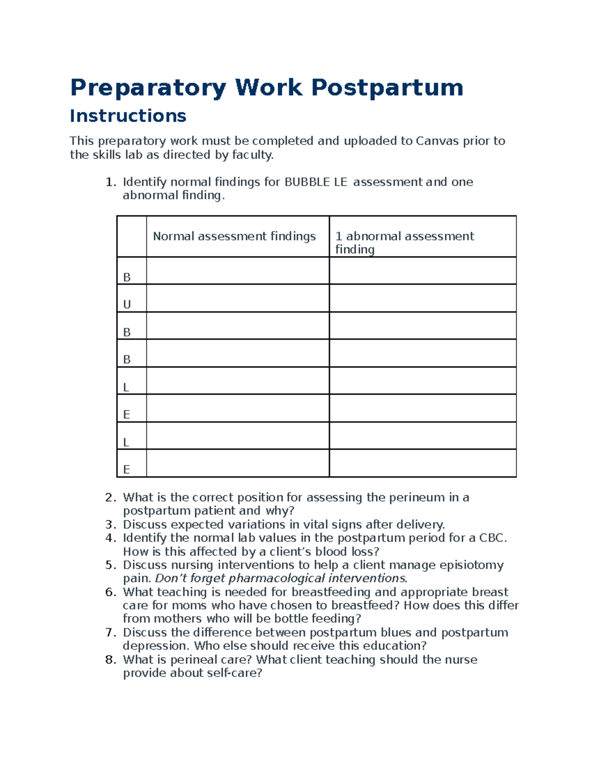 NUR+335L+Preparatory+Work+Postpartum - Preparatory Work Postpartum ...