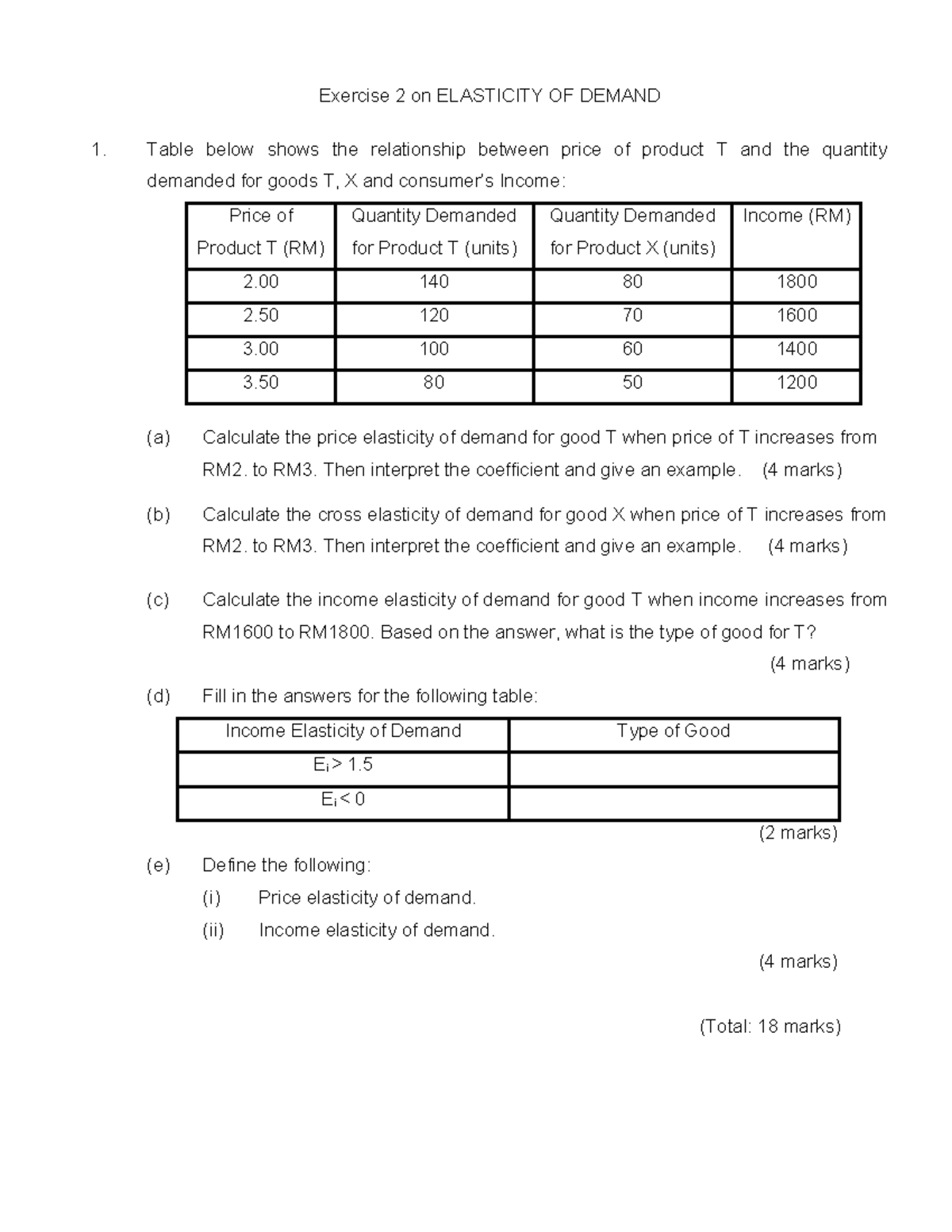 Exercise 2 on Elasticity of Demand - Exercise 2 on ELASTICITY OF DEMAND ...