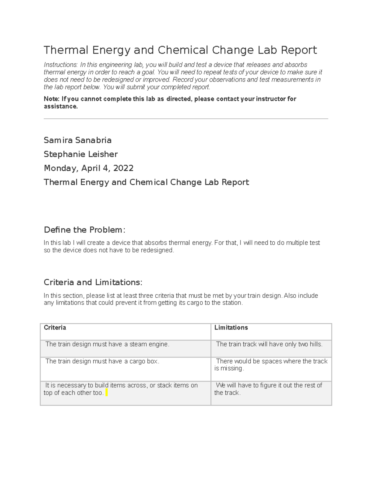 Engineering lab report - Thermal Energy and Chemical Change Lab Report ...