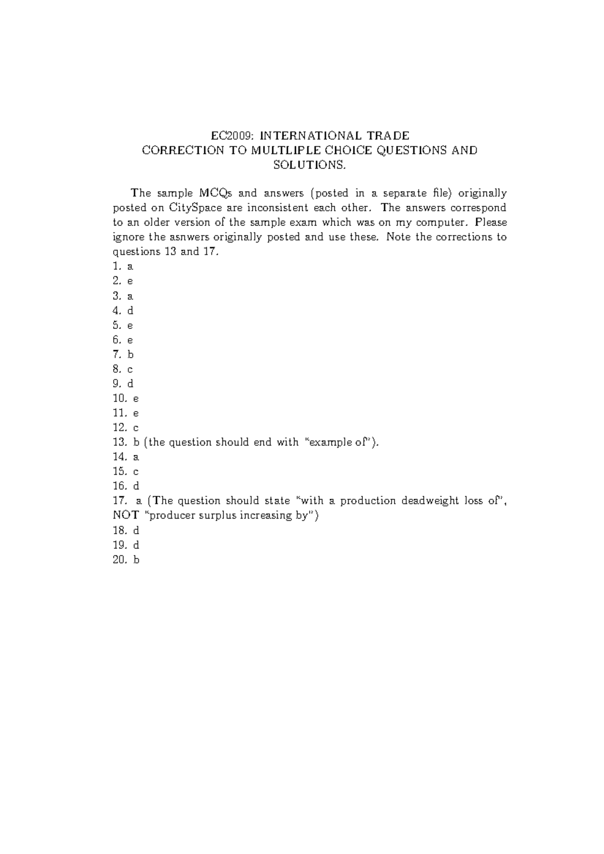 EC2009 exam sample answers - EC2009: INTERNATIONAL TRADE CORRECTION TO ...