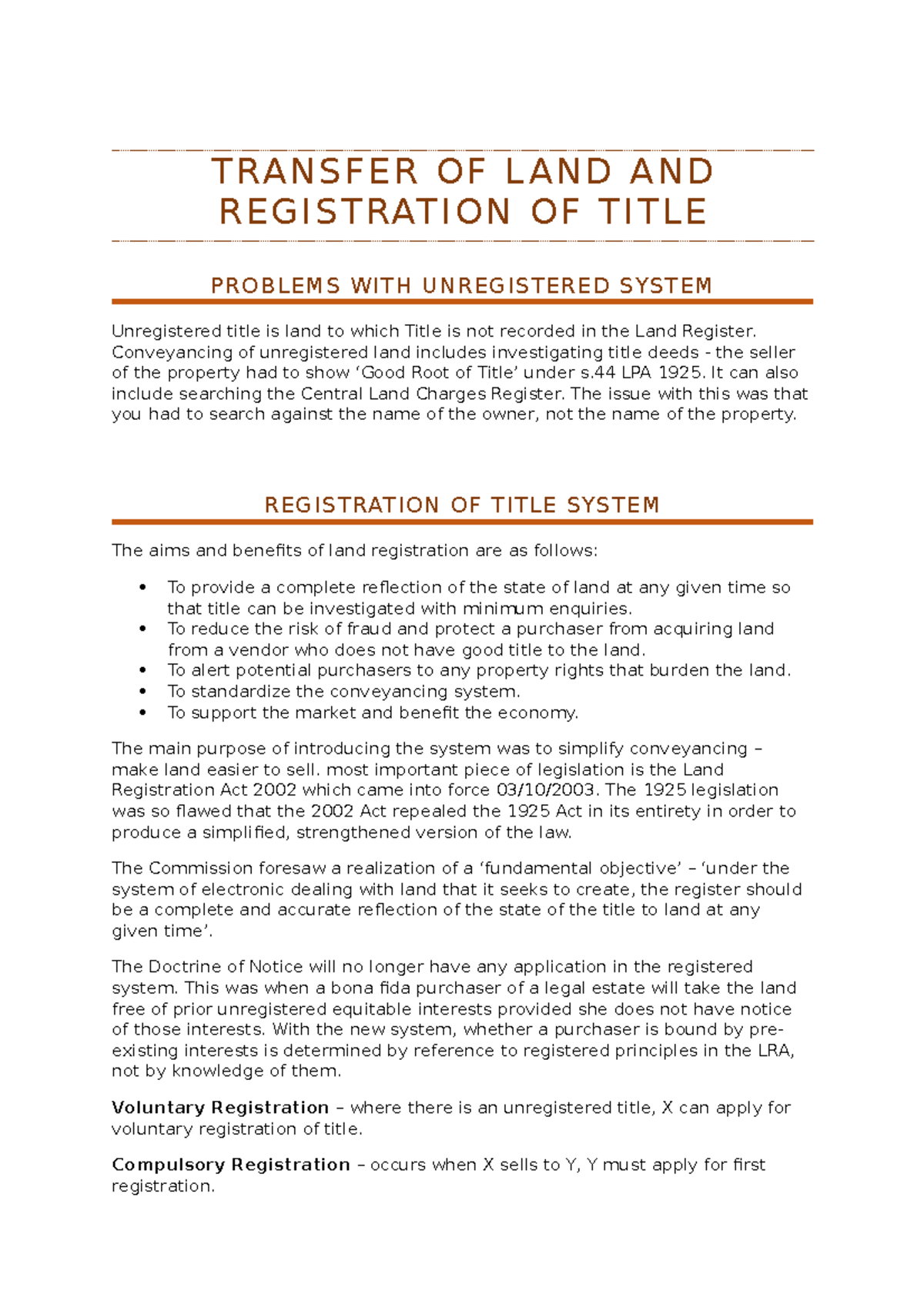 Lecture 3 - Transfer of Land and Registration of Title - TRANSFER OF ...