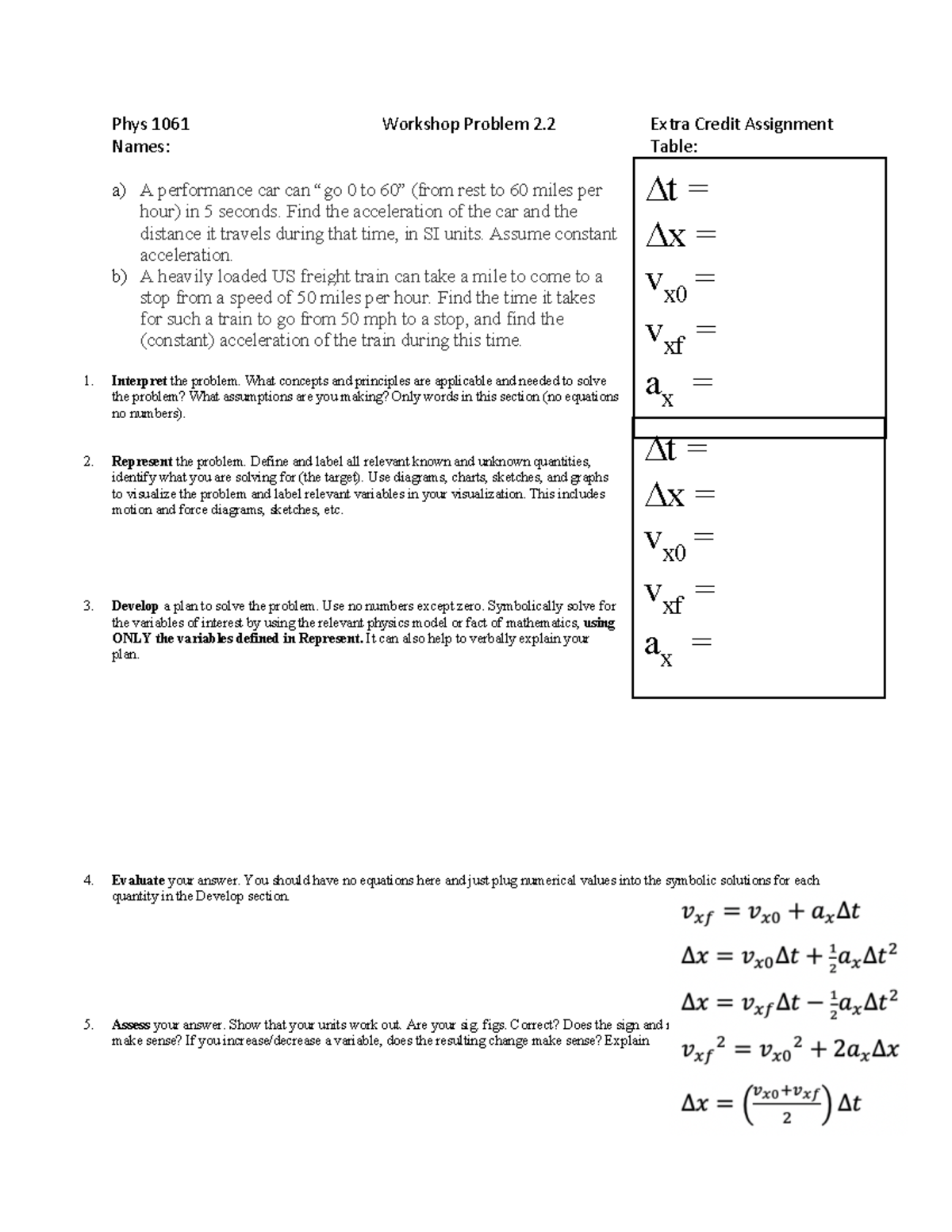 Ch02-Workshop Problem 2-1 - Phys 1061 Workshop Problem 2. 2 Extra Credit Assignment Names: Table ...