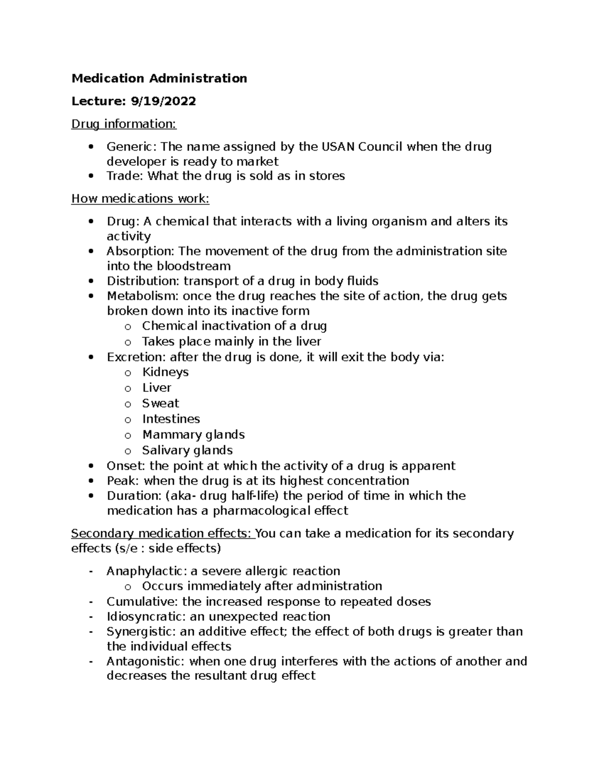 Medication Administration - Medication Administration Lecture: 9/19 ...