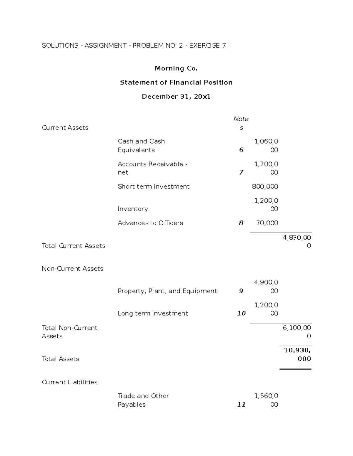 Morning CO - SOLUTION IN PROBLEM NO. 2 EXERCISE 7 - SOLUTIONS - ASSIGNMENT - PROBLEM NO. 2 ...
