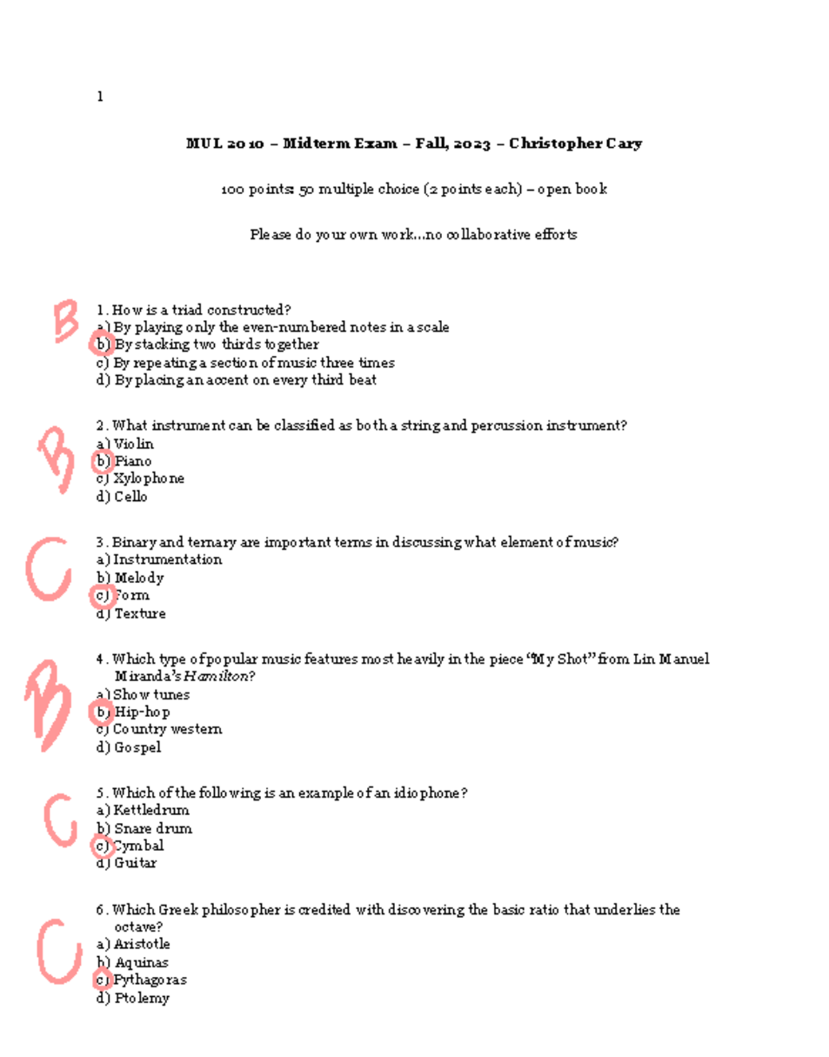MUL2010 Midterm Exam - Answers - 1 MUL 2010 – Midterm Exam – Fall, 202 3 – Christopher Cary 100 ...