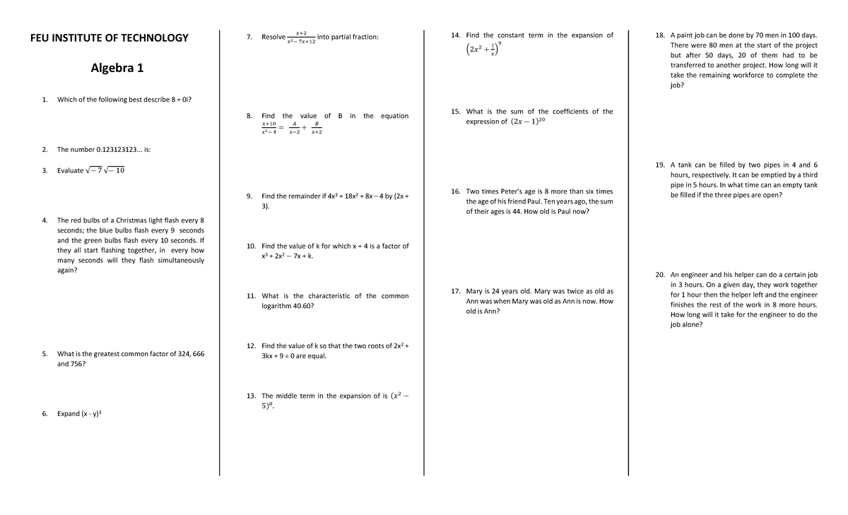 Algebra problem solving - FEU INSTITUTE OF TECHNOLOGY Algebra 1 1 ...