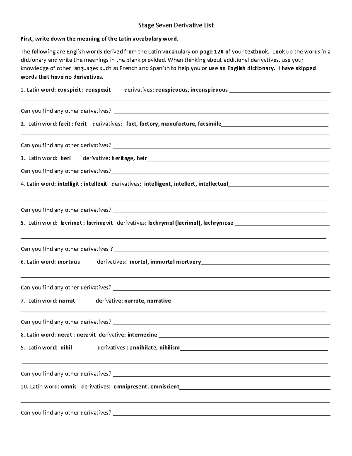 PDF document - Latin - Stage Seven Derivative List First, write down ...