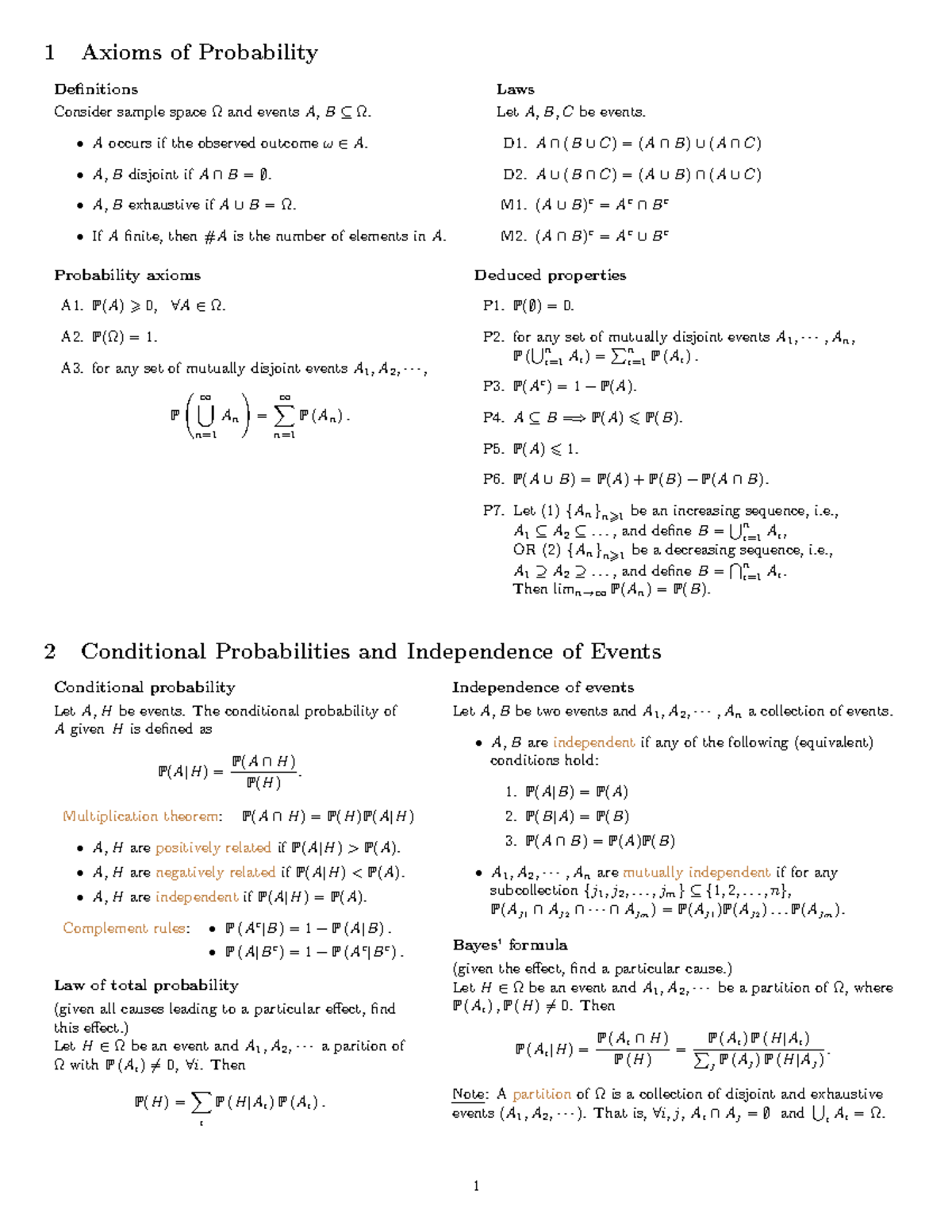 Subject summary by topic, facts/theorems (no proofs/examples ...