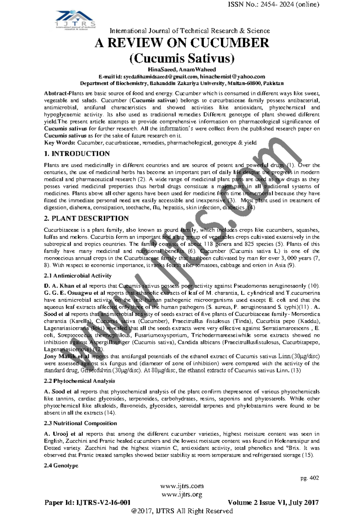 A Review ON Cucumber 1 - International Journal of Technical Research ...