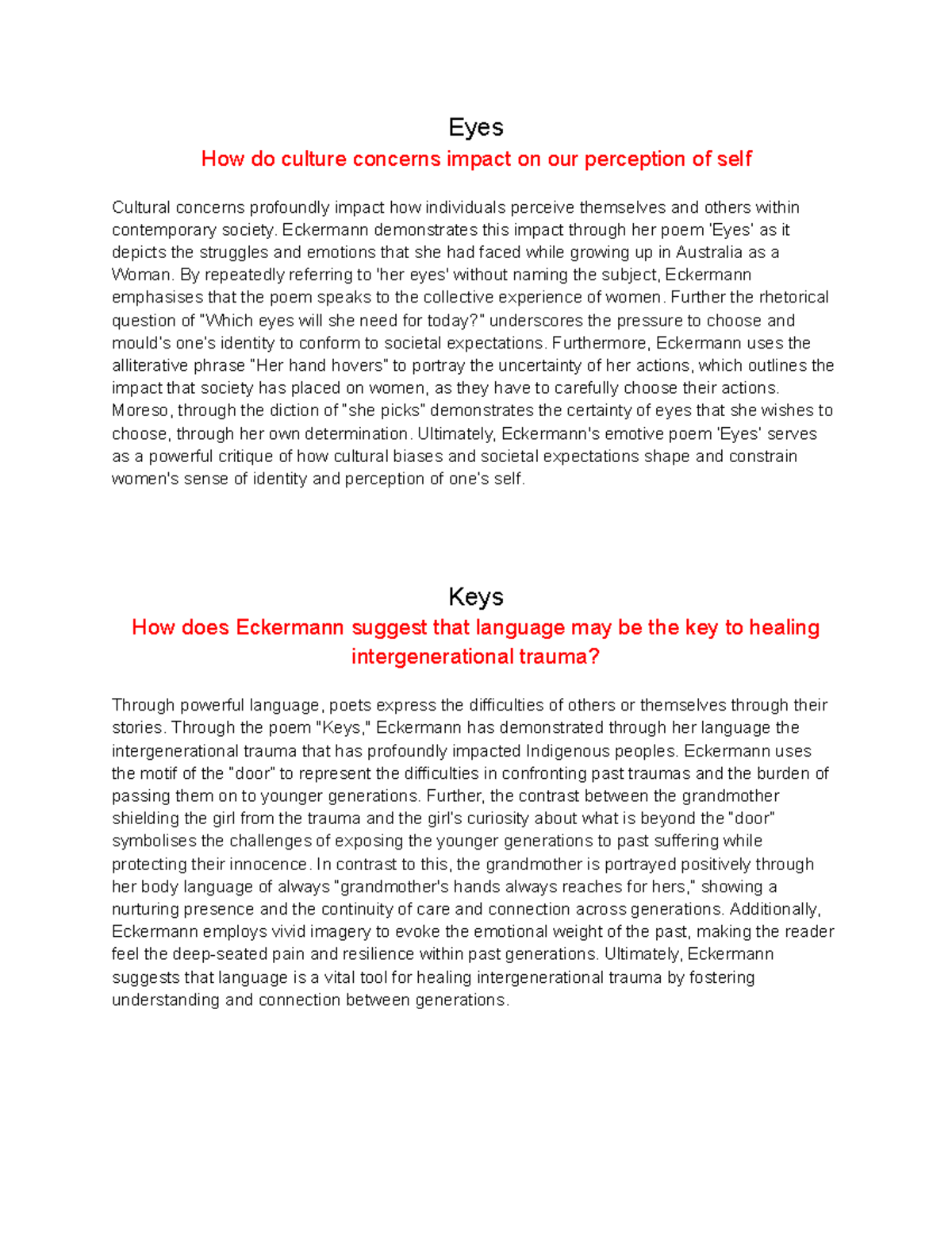 English Poem - Eckermann Poems - Eyes How do culture concerns impact on ...