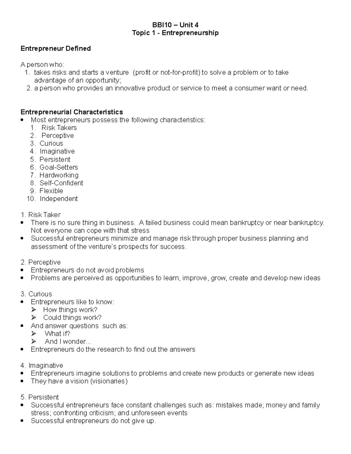 Entrepreneurship Notes - BBI10 – Unit 4 Topic 1 - Entrepreneurship ...