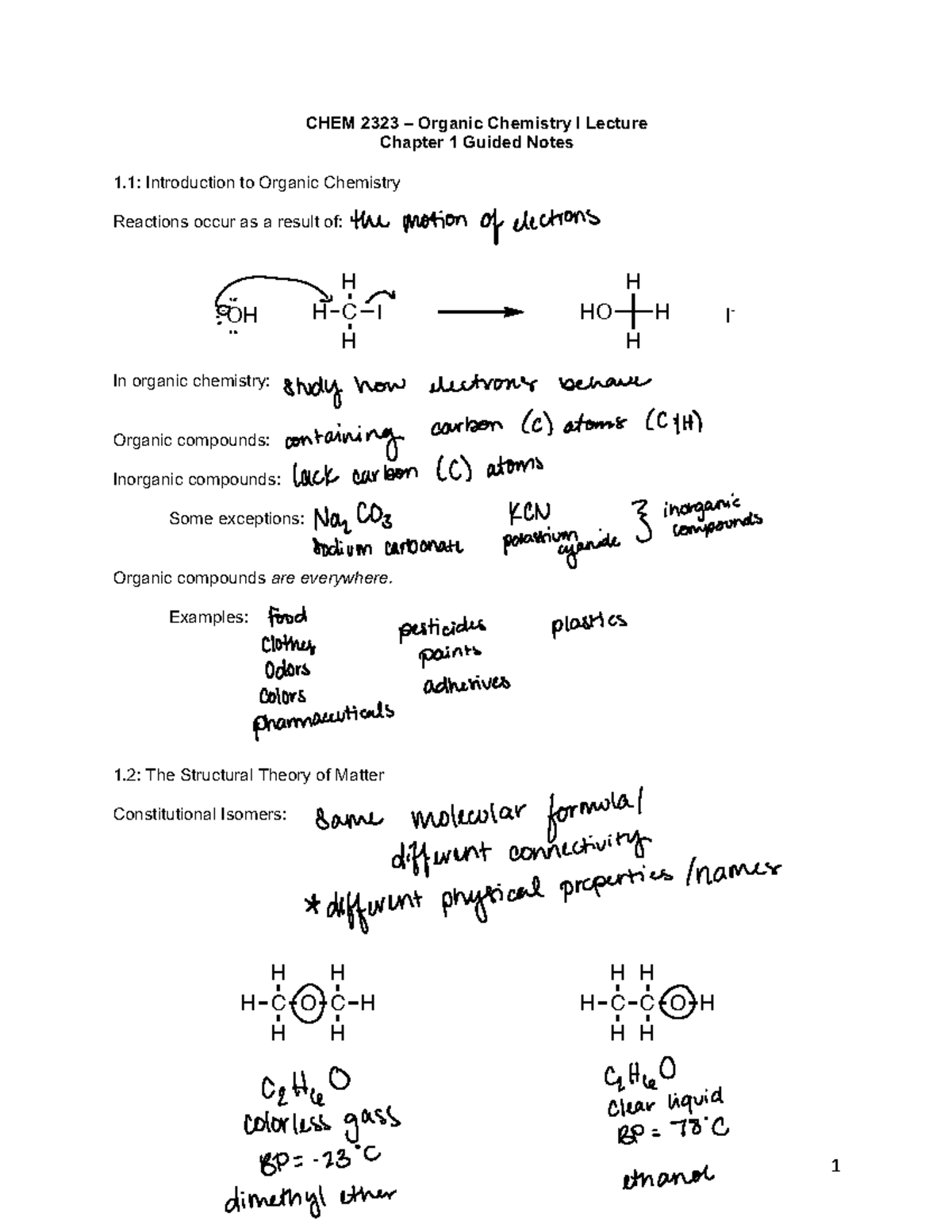OChem Ch1 - Dr. Mary Fennimore Lecture Notes - 1 CHEM 2323 – Organic ...