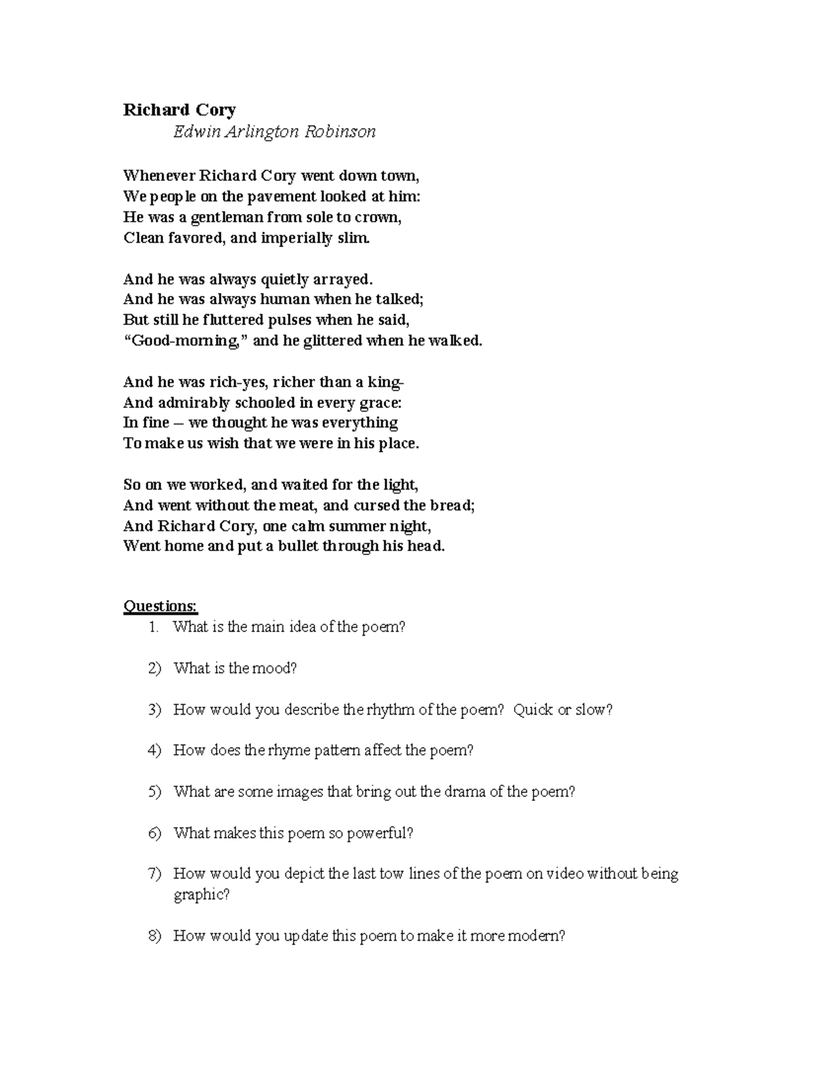 Richard Cory by Edwin Arlington Robinson - Richard Cory Edwin Arlington ...