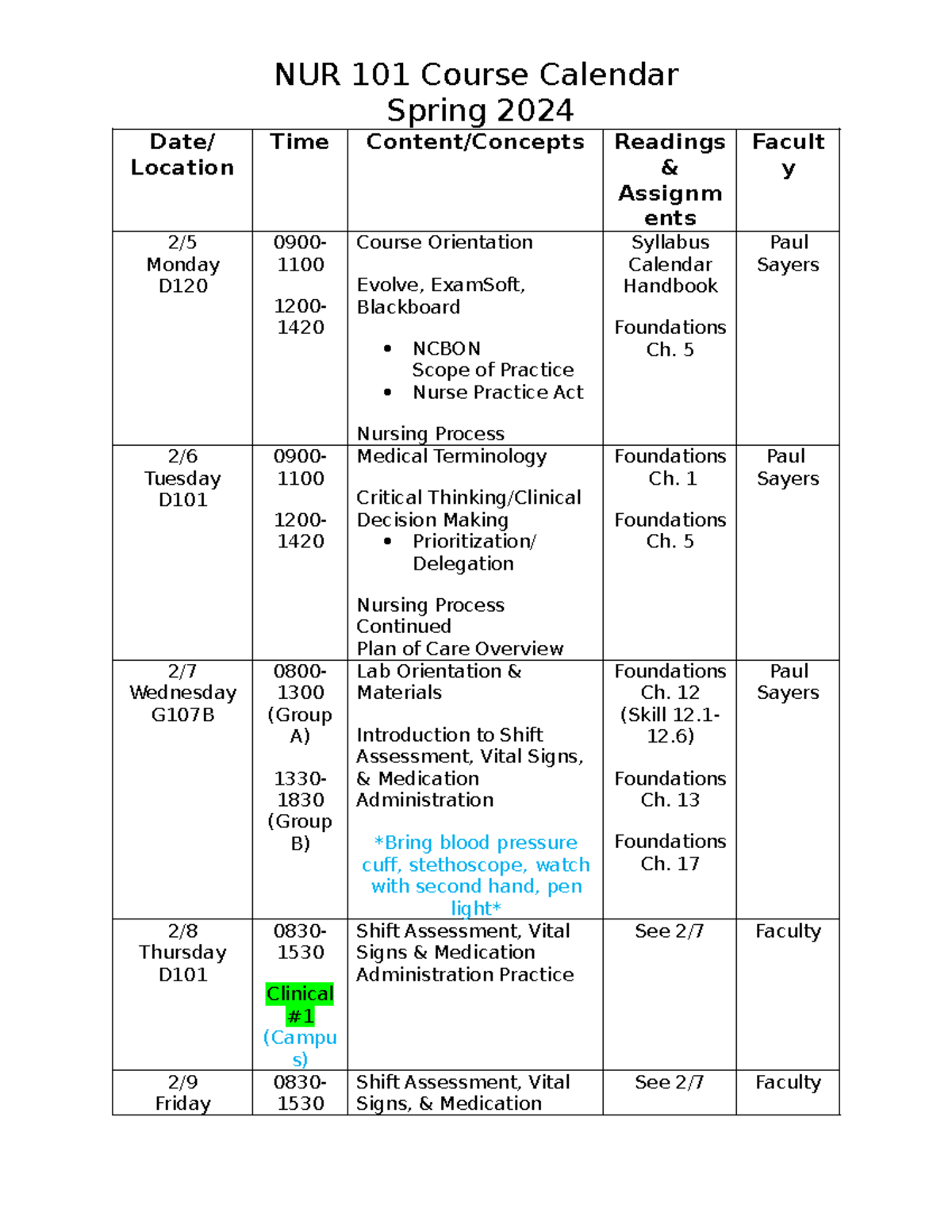 NUR 101 Calendar Feb 5(1) - Spring 2024 Date/ Location Time Content ...