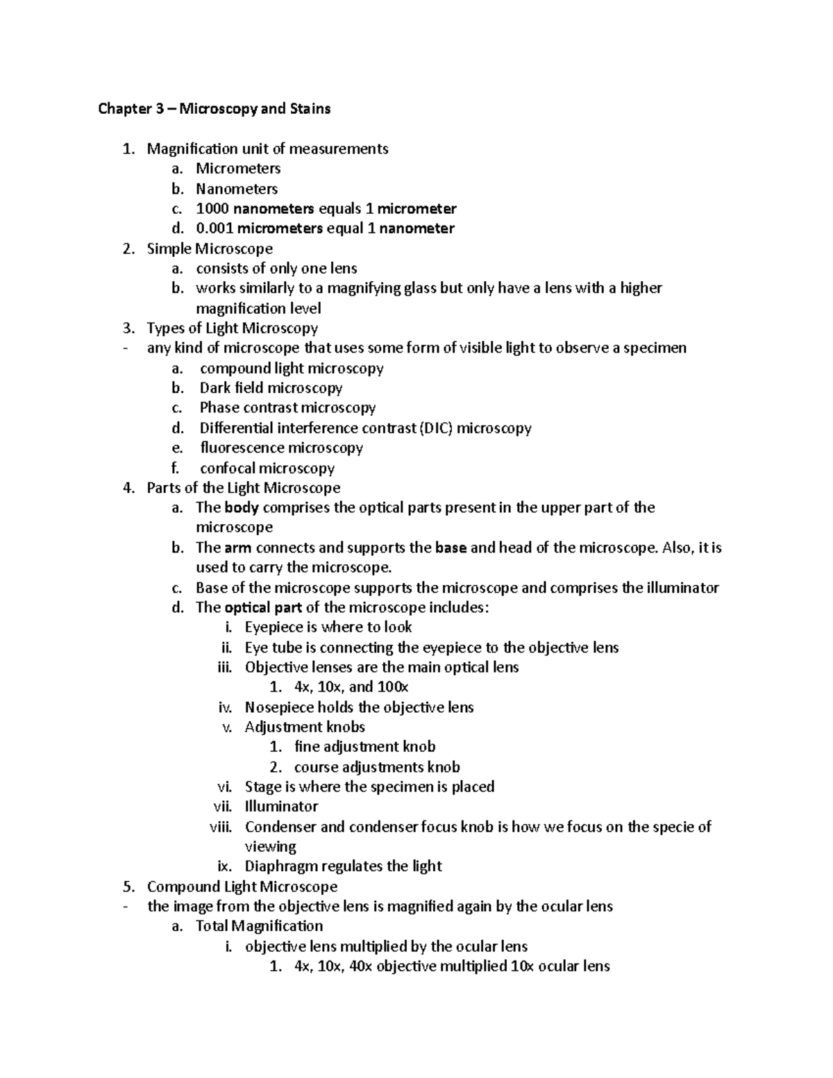 Microbiology Chapter 3 Notes - Chapter 3 – Microscopy and Stains ...