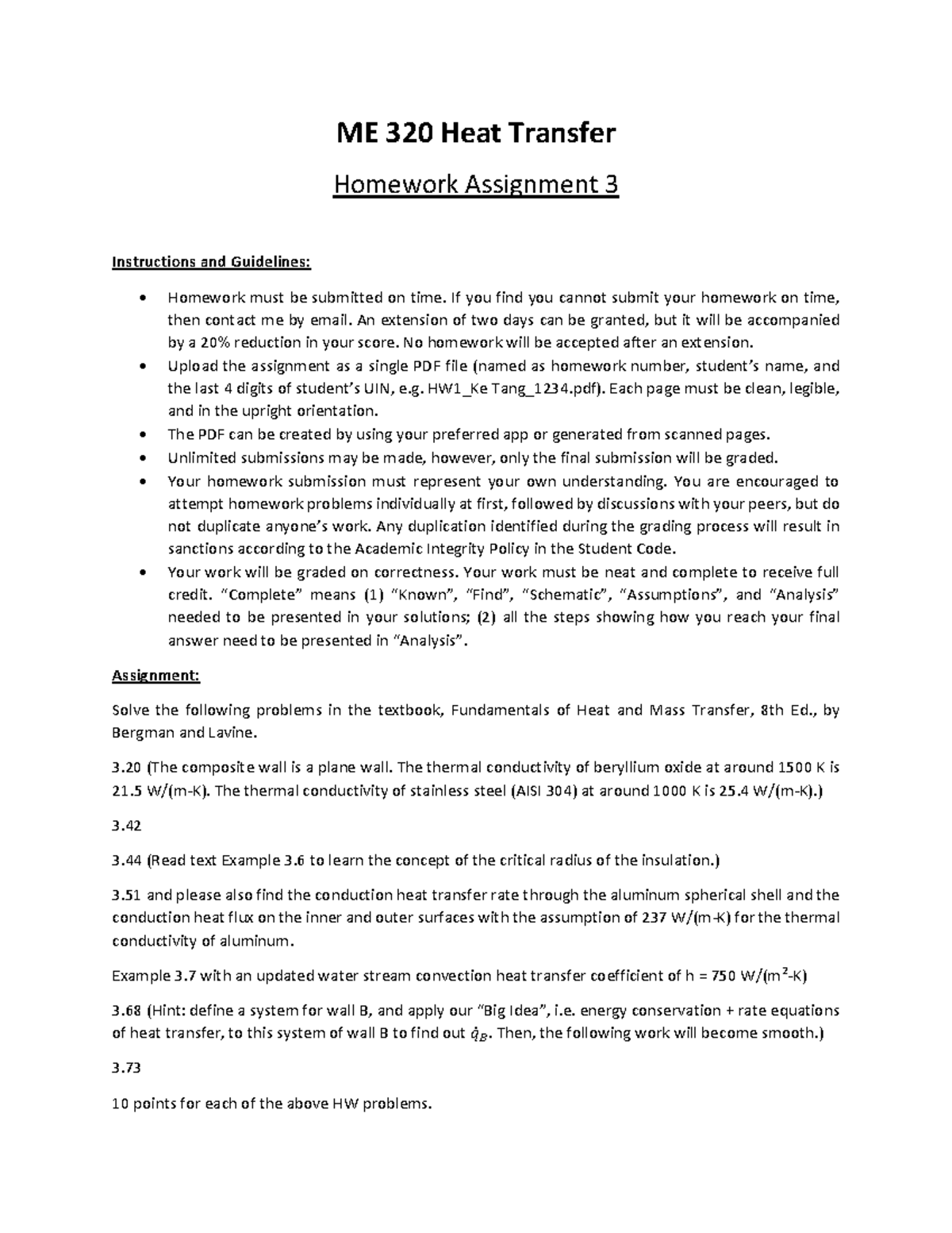 ME 320 HW3 Solutions - ME 320 Heat Transfer Homework Assignment 3 ...