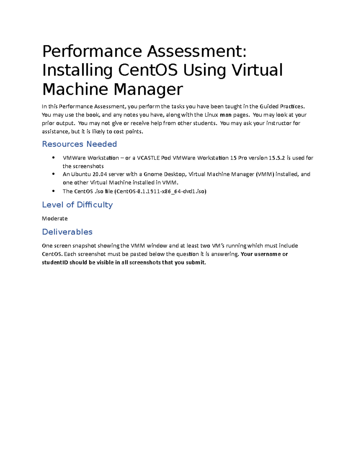 1.8 Performance Assessment Installing Cent OS Using Virtual Machine Manager - Performance - Studocu