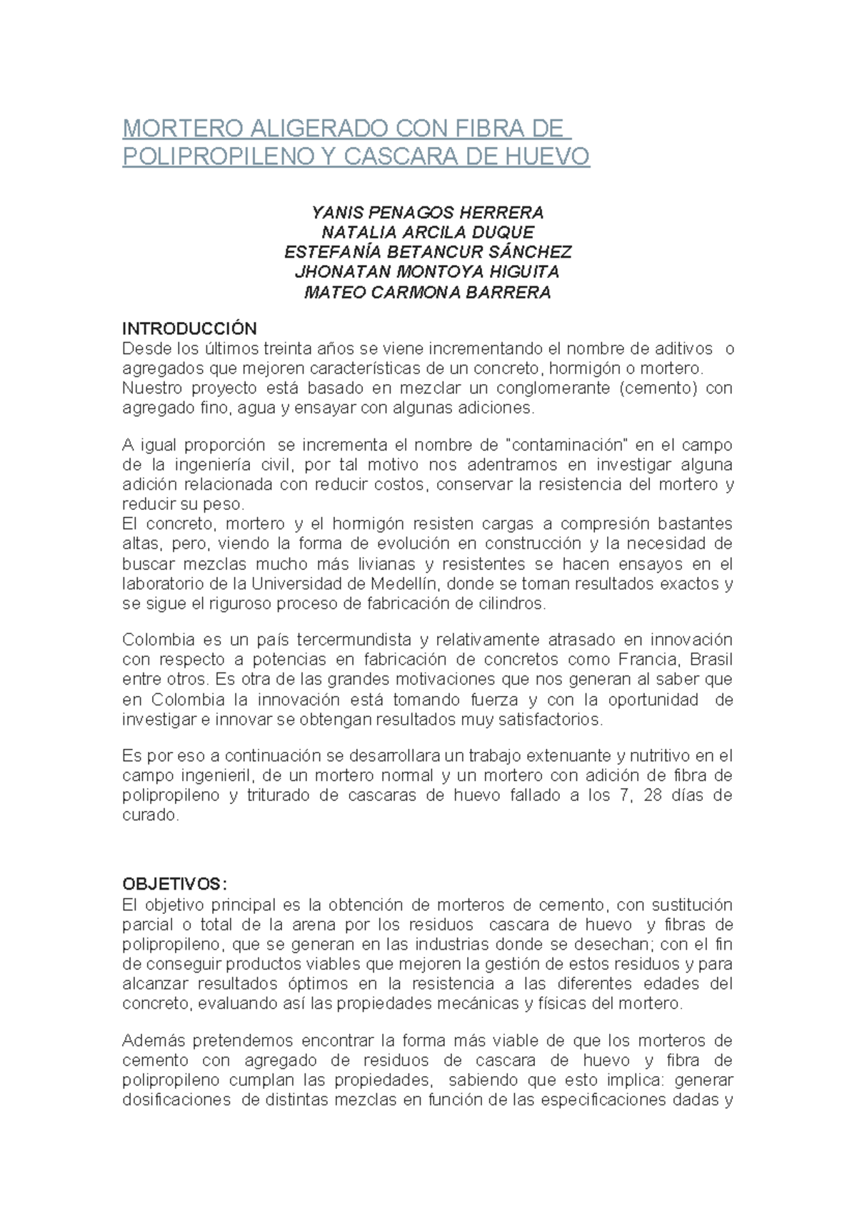 Mortero Aligerado CON Fibra DE Polipropileno Y Cascara DE Huevo ...