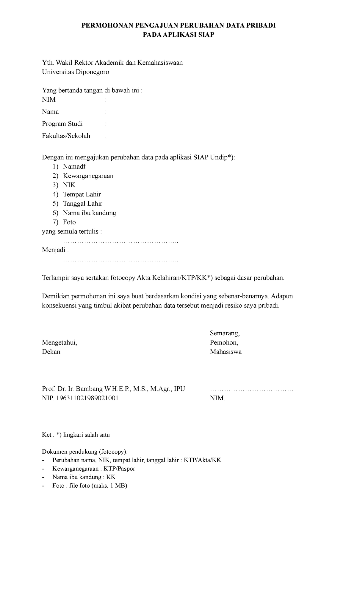 Form Pengajuan Perubahan Data Pribadi pada SIAP - PERMOHONAN PENGAJUAN ...