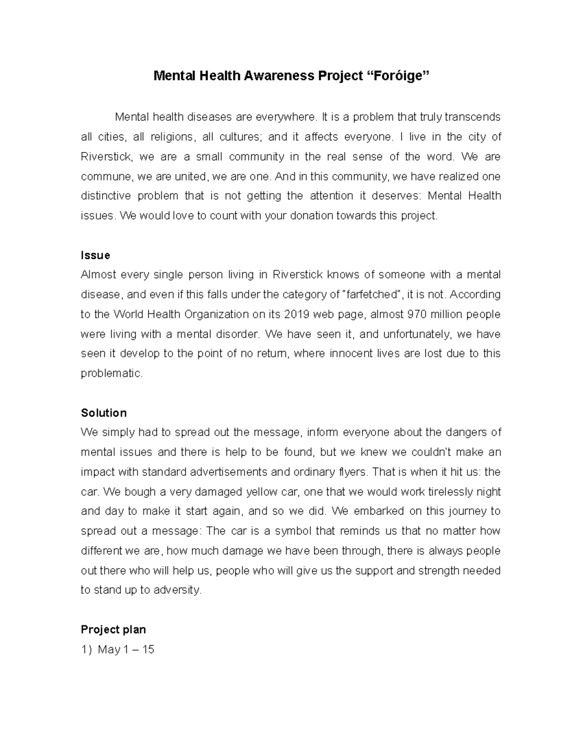 Proposal - Mental Health Awareness Project “Foróige” Mental health ...