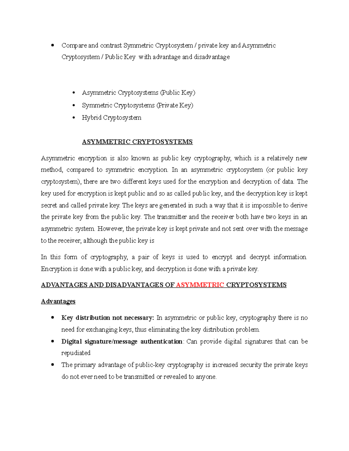 Cryptography assignment - Compare and contrast Symmetric Cryptosystem / private key and ...