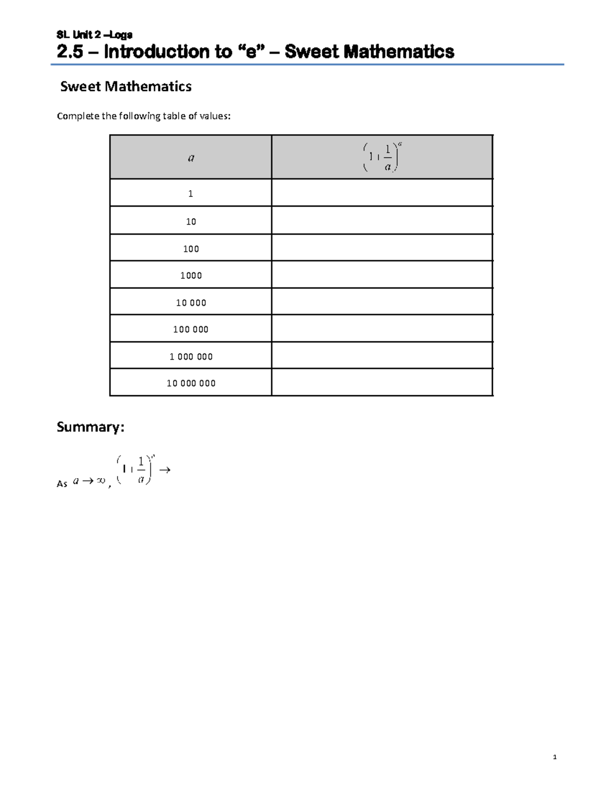 Math functions stufff - SCL-100 - SL Unit 2 –Logs 2 – Introduction to “e” – Sweet Mathematics ...