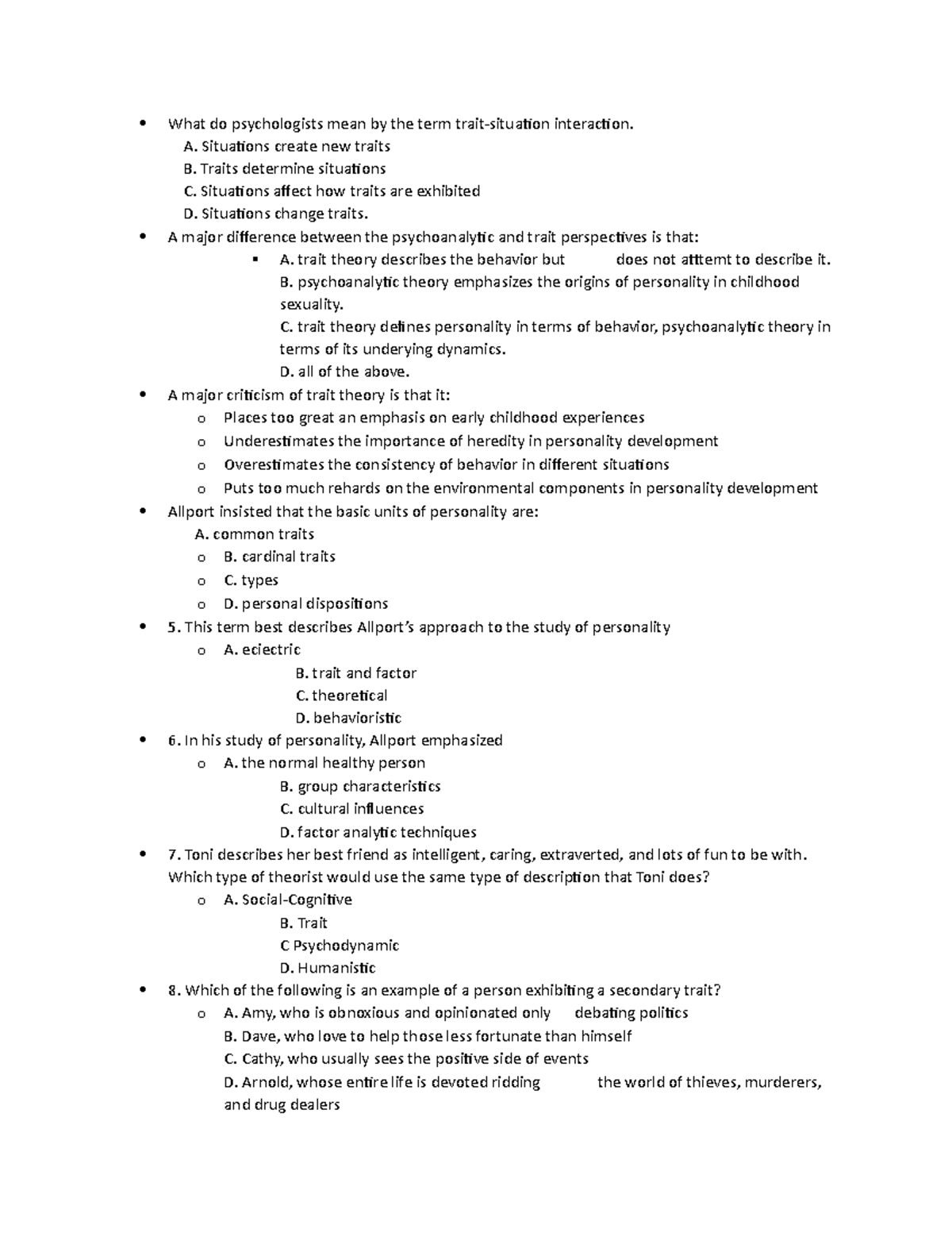 Sample/practice exam 6 November 2018, questions - What do psychologists ...